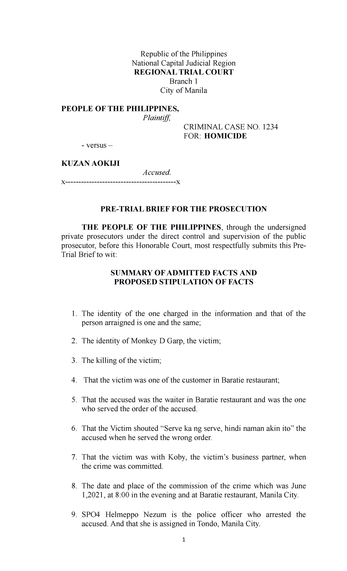 355235940 Pre Trial Brief Prac Court Homicide - Republic of the Philippines National Capital ...