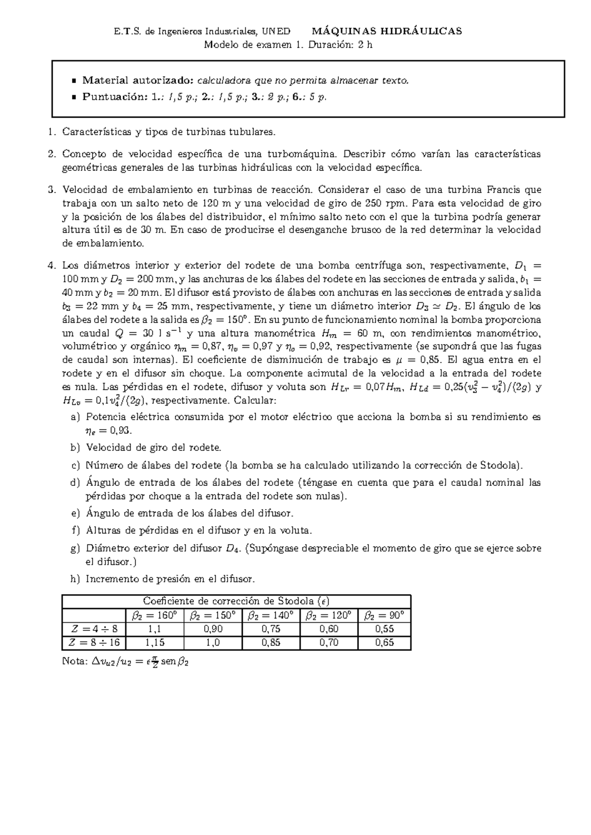 Examen modelo - Modelo de examen 1. Duraci ́on: 2 h Material autorizado: calculadora que no ...
