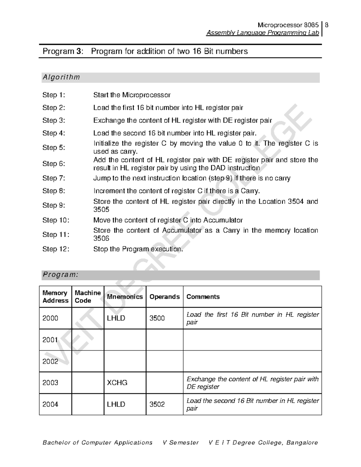 Program 3 - Microprocessor 8085 8 Assembly Language Programming Lab Program 3: Program for ...