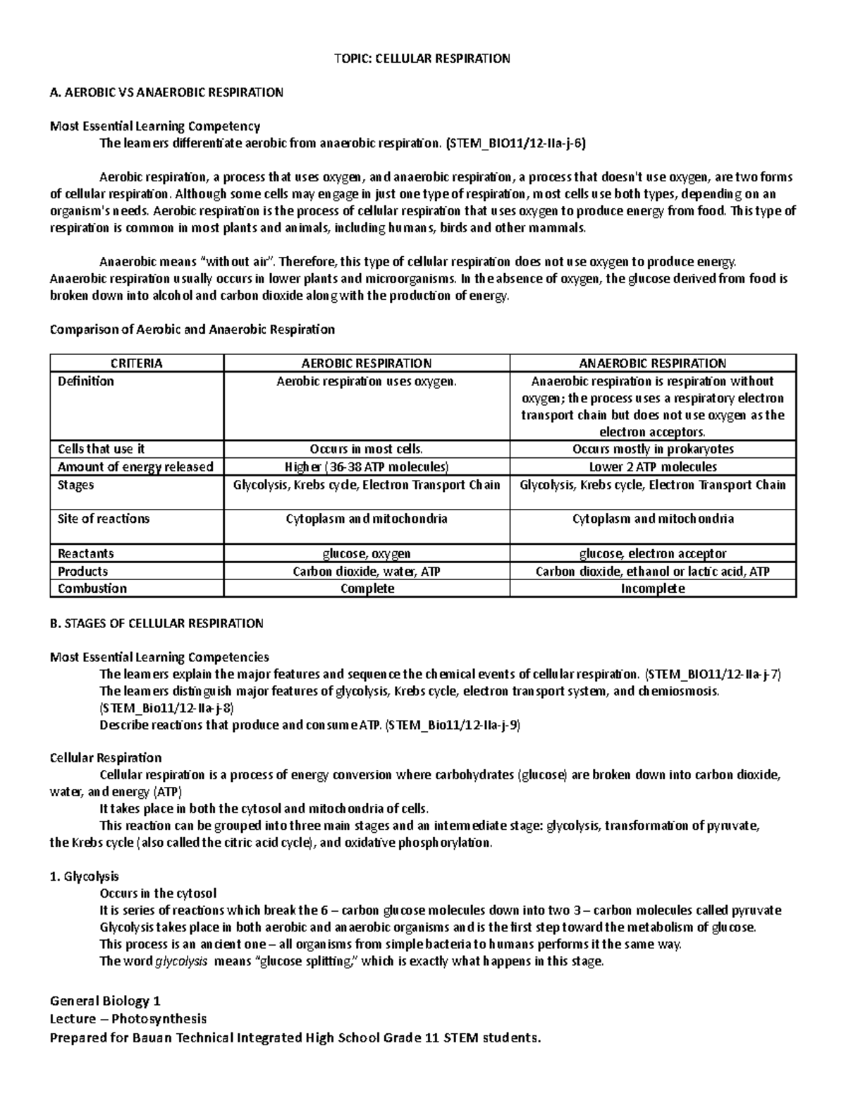 Handout- Cellular- Respiration - General Biology 1 Lecture ...