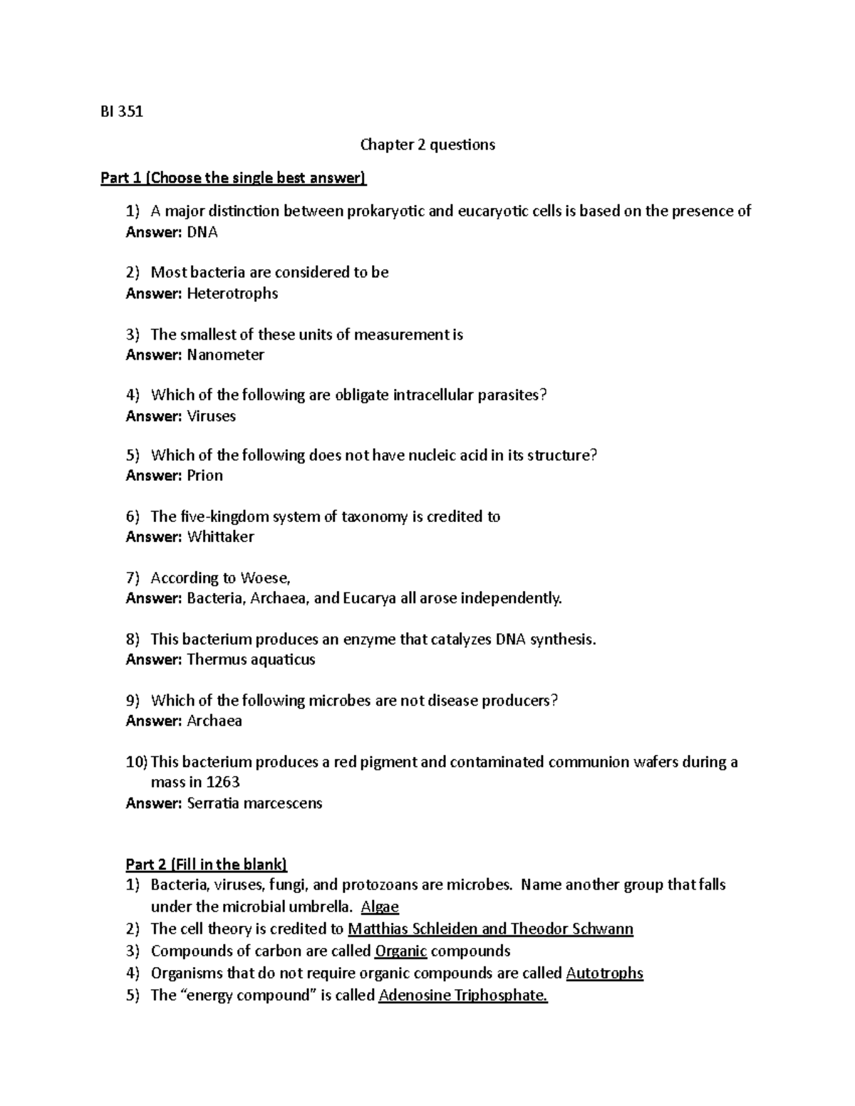 BI 351 Chapter 2 questions - BI 351 Chapter 2 questions Part 1 (Choose the single best answer) A ...