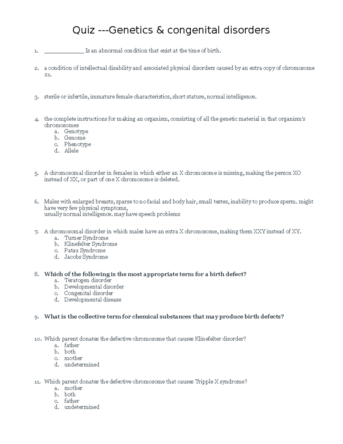 Quiz. Genetrics & Congenital disorders - Quiz -Genetics & congenital ...