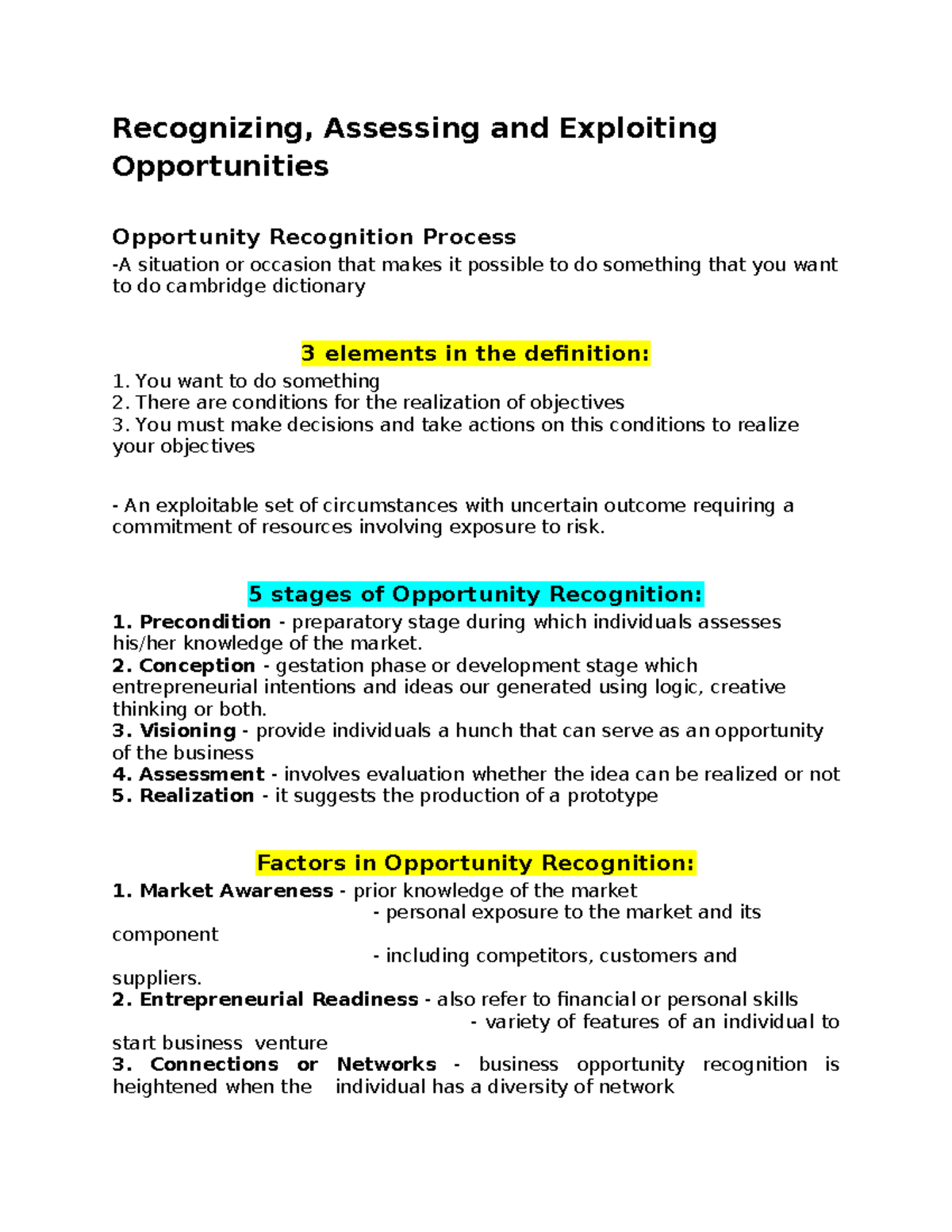 Entrepreneurship - Recognizing, Assessing and Exploiting Opportunities ...
