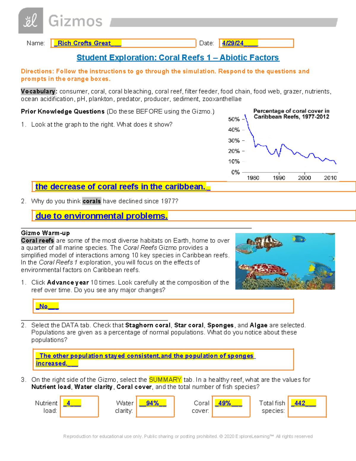 Copy of Day 63 & 64 Coral Reef Gizmo - Name: Rich Crofts Great__ Date ...