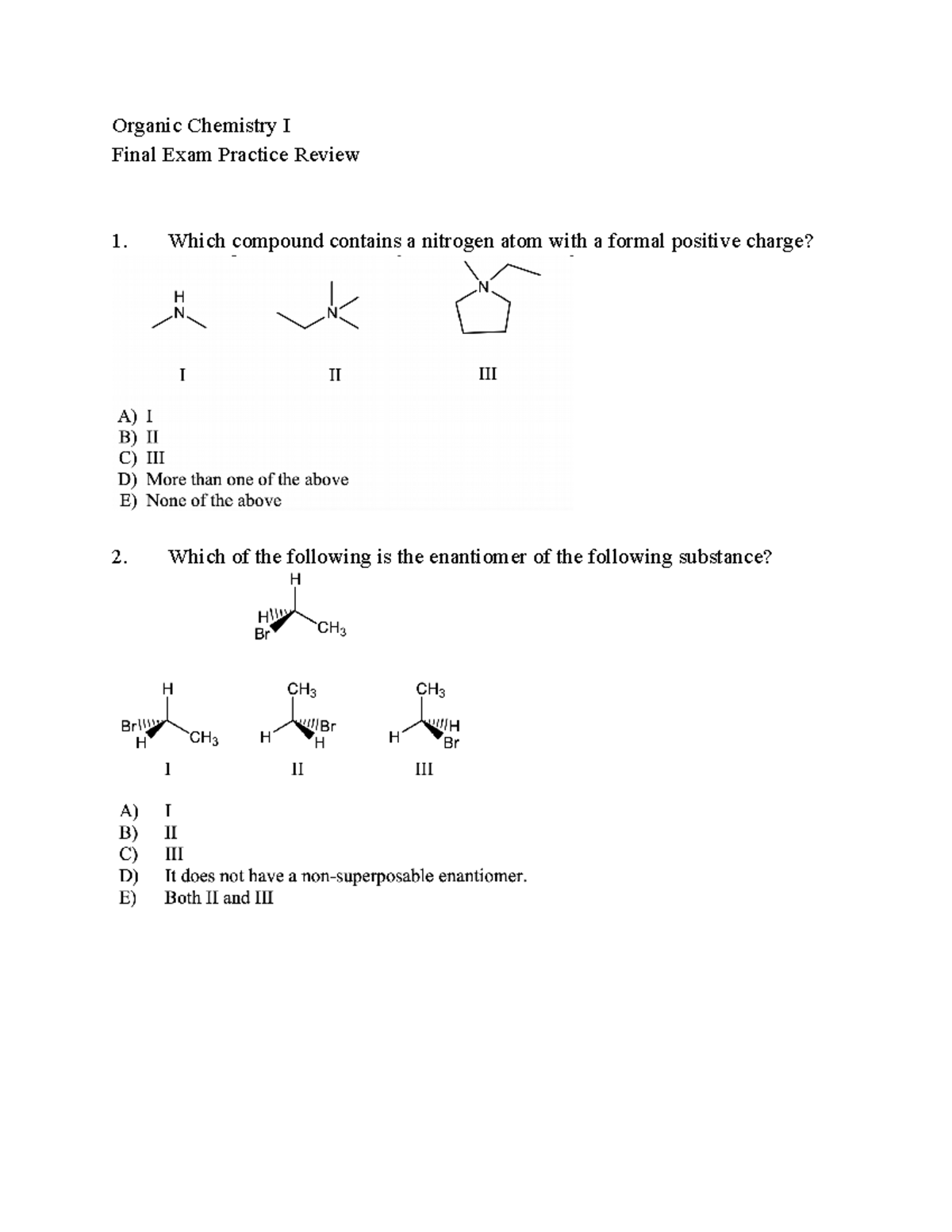 Ochem 1 FInal Review - Organic Chemistry I Final Exam Practice Review ...