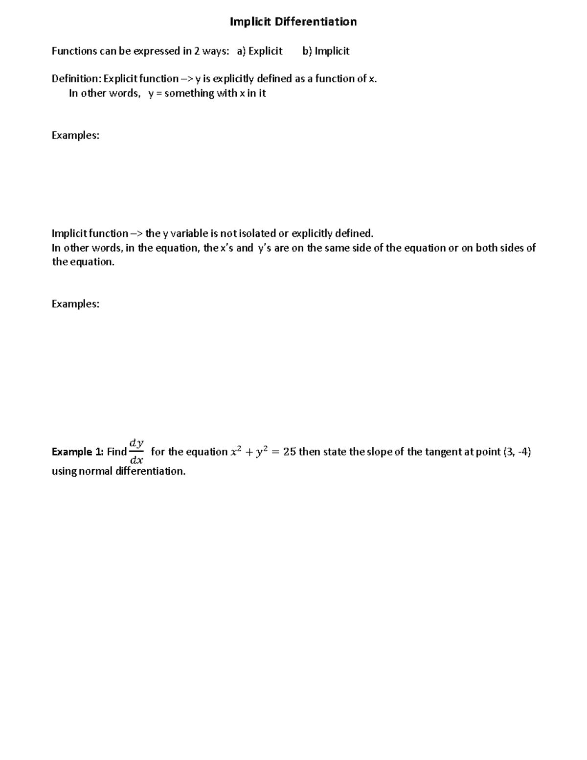 AP1 Implicit Differentiation note - Implicit Differentiation Functions ...