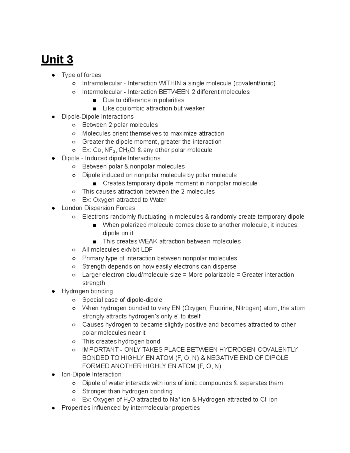 3 - Chemistry Unit 3 Notes - Unit 3 Type of forces Intramolecular ...