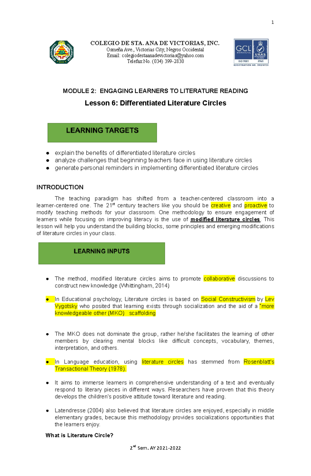 Lesson 6 Differentiated Literature Circles - COLEGIO DE STA. ANA DE ...