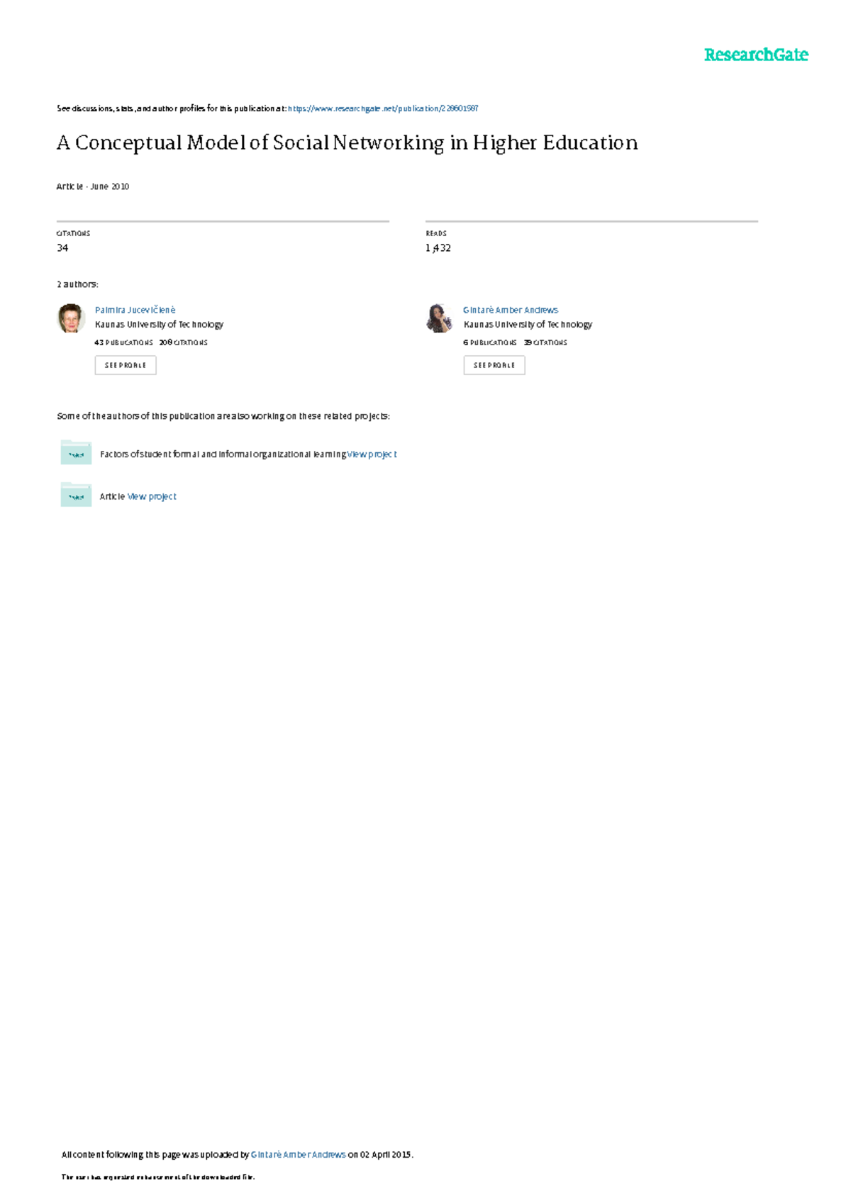 A Conceptual Model of Social Networking in Higher - See discussions ...