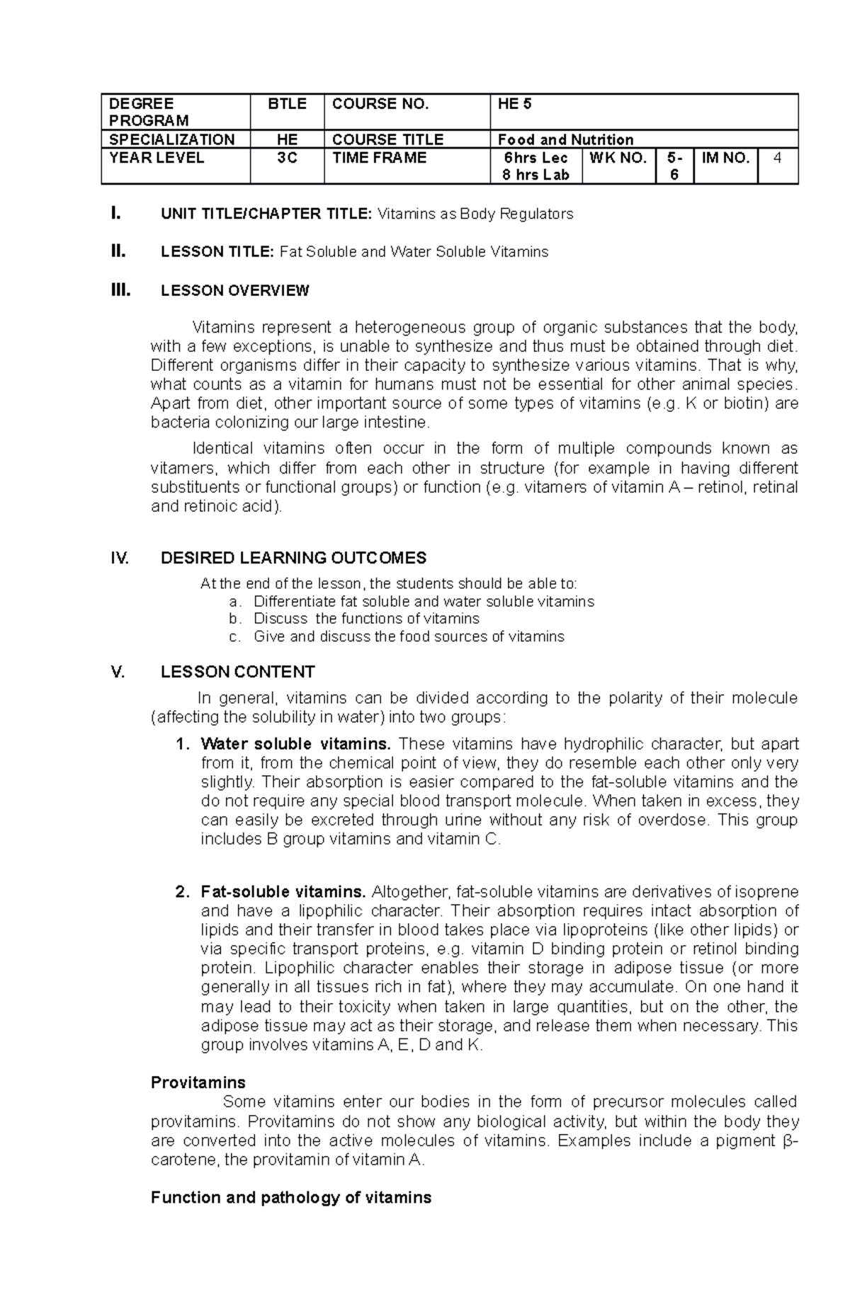 HE 5 Vitamins as Body Regulators - DEGREE PROGRAM BTLE COURSE NO. HE 5 ...