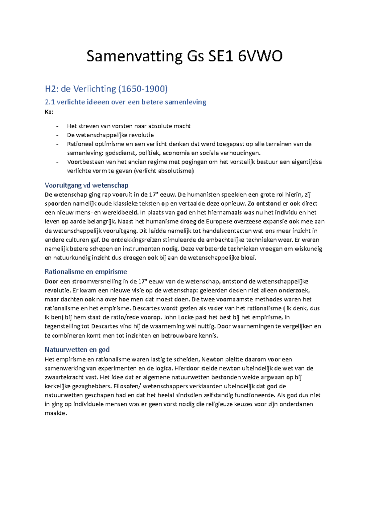 Verlichting samenvatting - Samenvatting Gs SE1 6VWO H2: de Verlichting (1650-1900) 2 verlichte ...