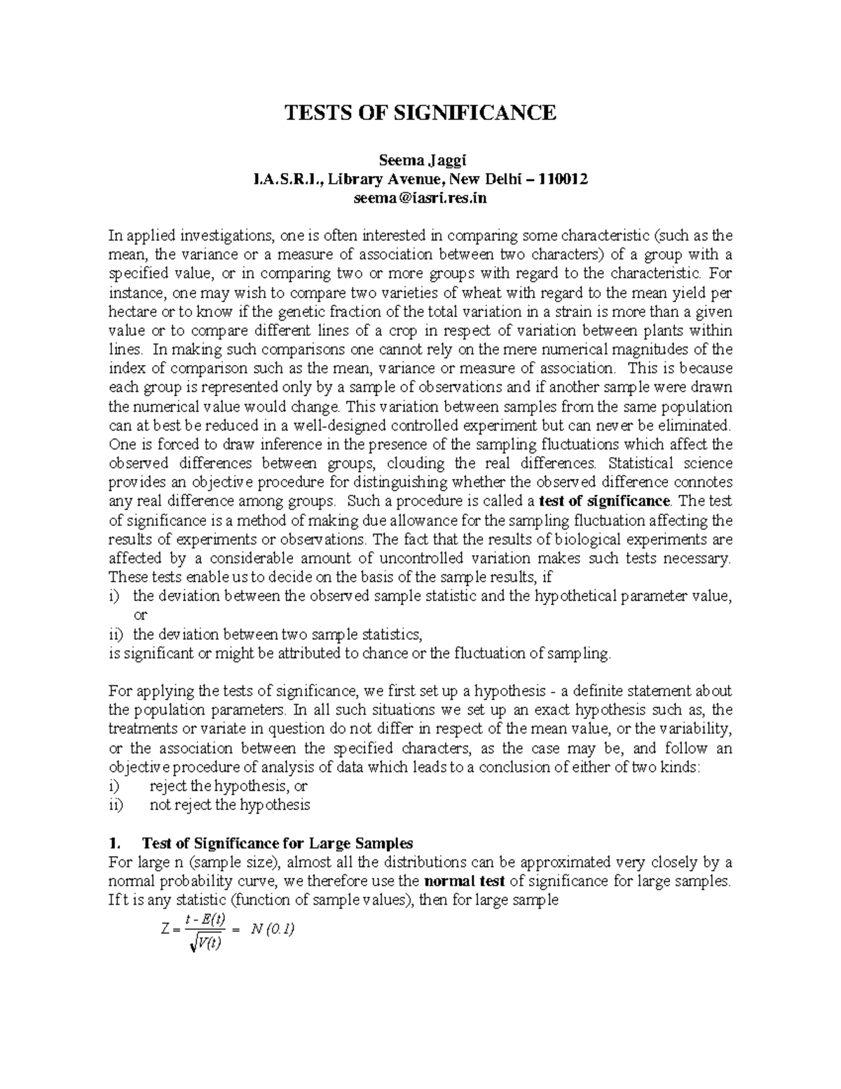 5-Tests of Significance-Seema - Seema Jaggi I.A.S.R., Library Avenue ...