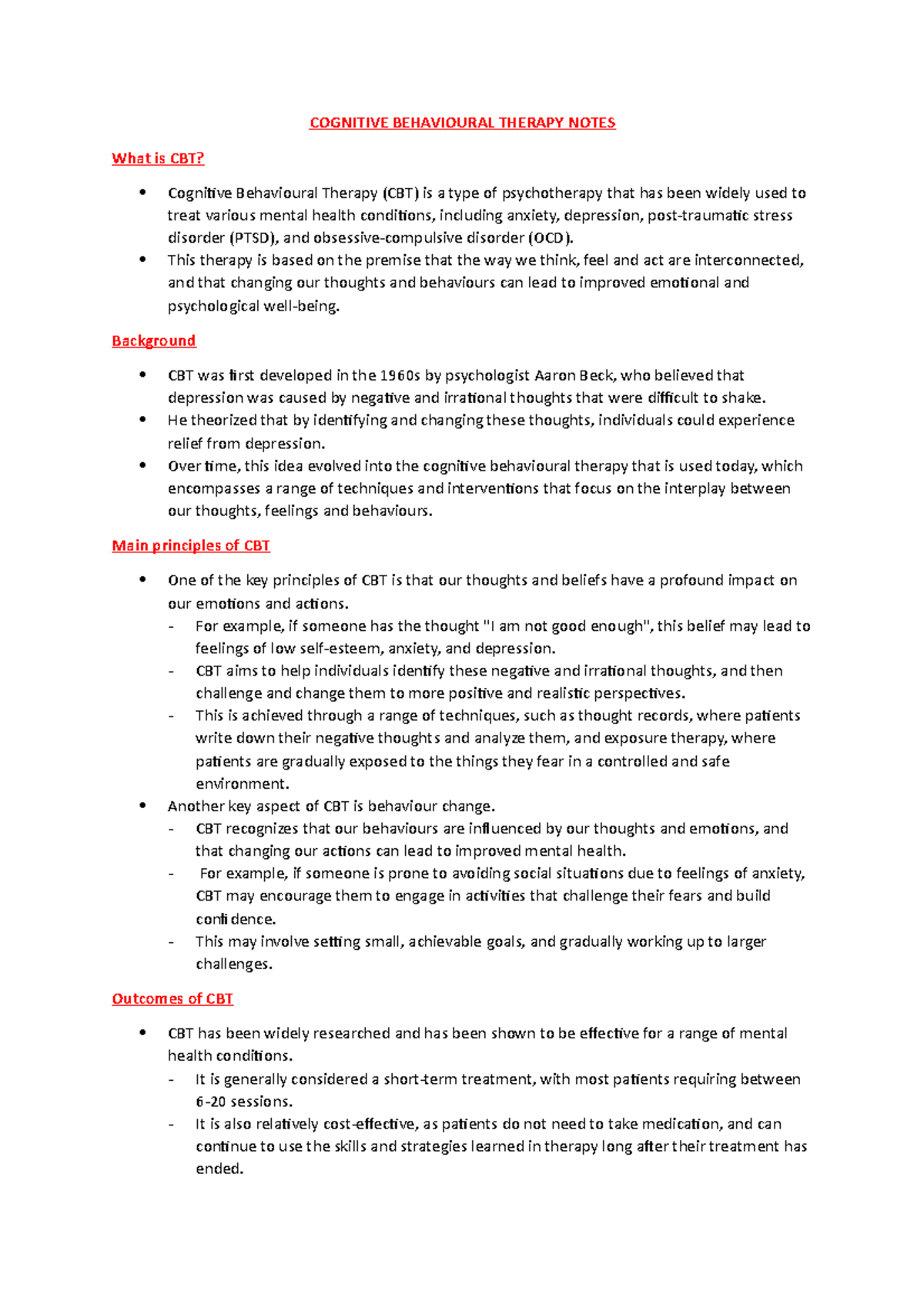 CBT notes - COGNITIVE BEHAVIOURAL THERAPY NOTES What is CBT? Cognitive ...