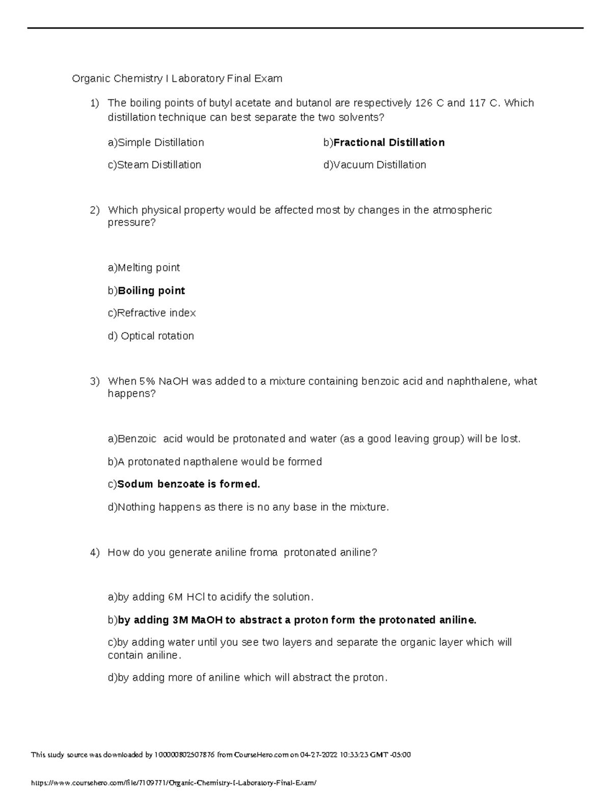 Organic Chemistry I Laboratory Final Exam - Which distillation ...