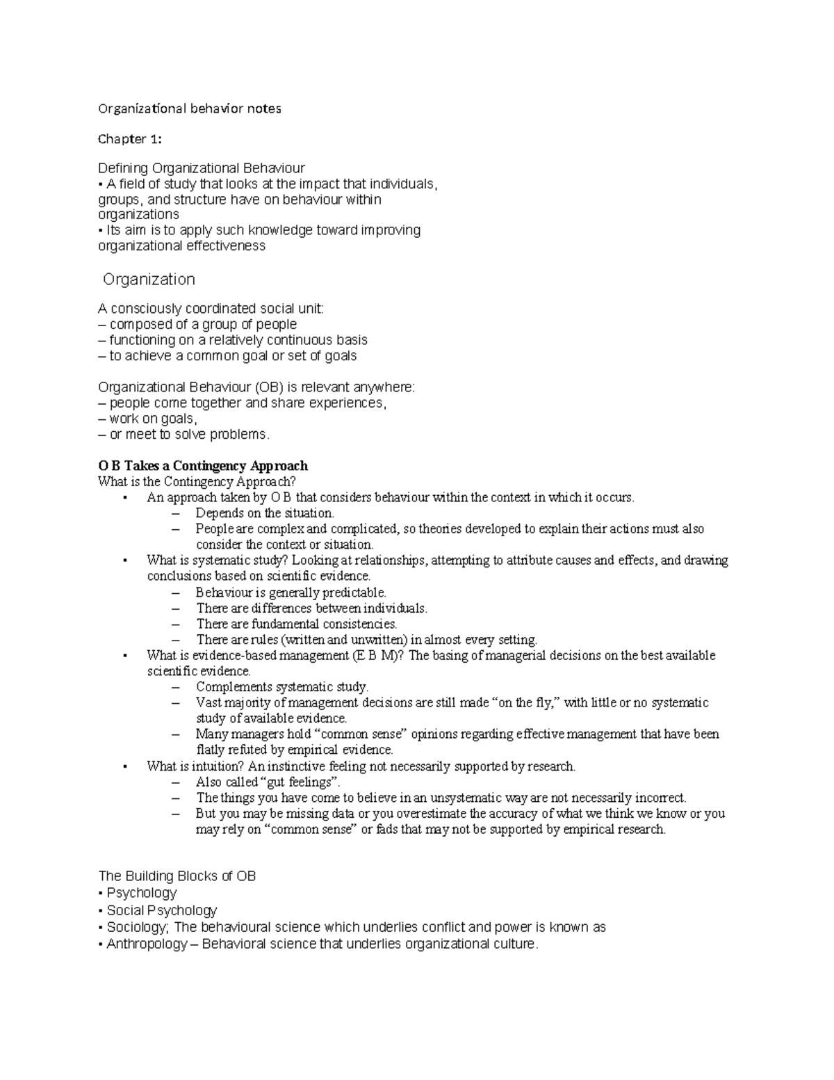 Organizational behavior notes - Organizational behavior notes Chapter 1 ...