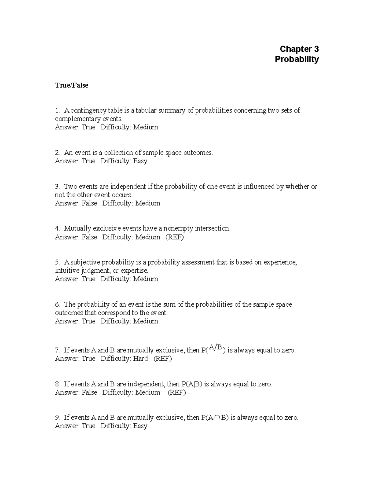 Statistics and Probability - Chapter 3 Probability True/False A ...