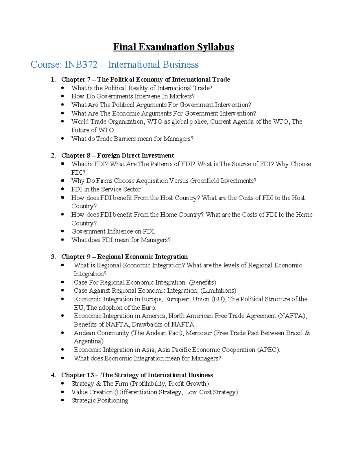 INB372 Final Examination Syllabus - Final Examination Syllabus Course ...