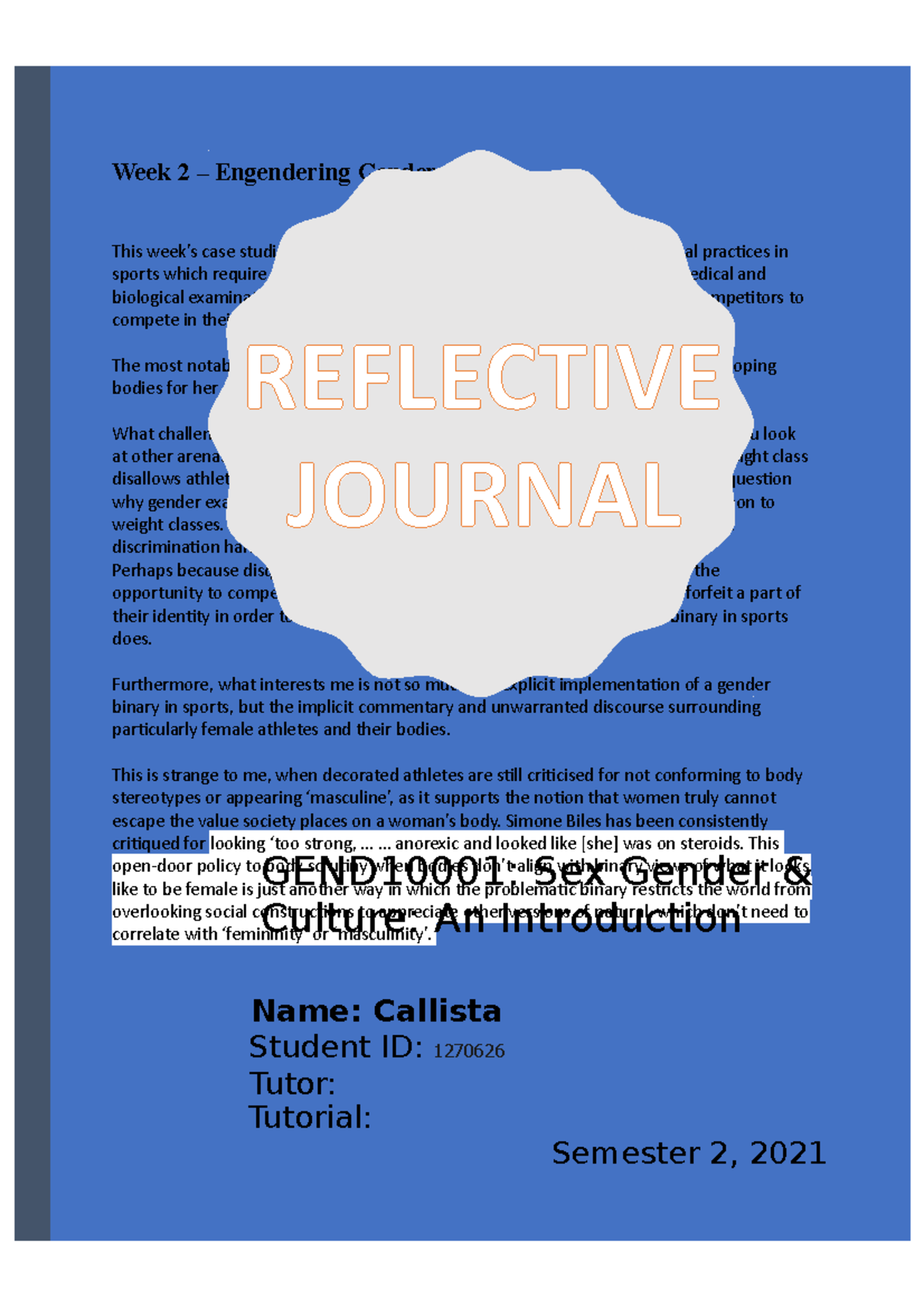 Gender studies journal - Week 2 – Engendering Gender This week’s case ...