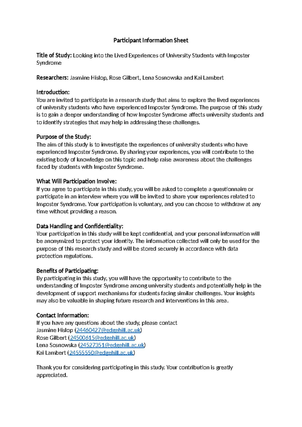 Participant Information Sheet qual report - Participant Information ...