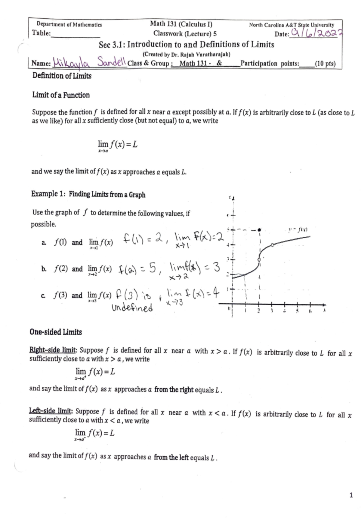 3.1 Intro and Definitions of Limits - ( Departri,ent of Mathematics ...