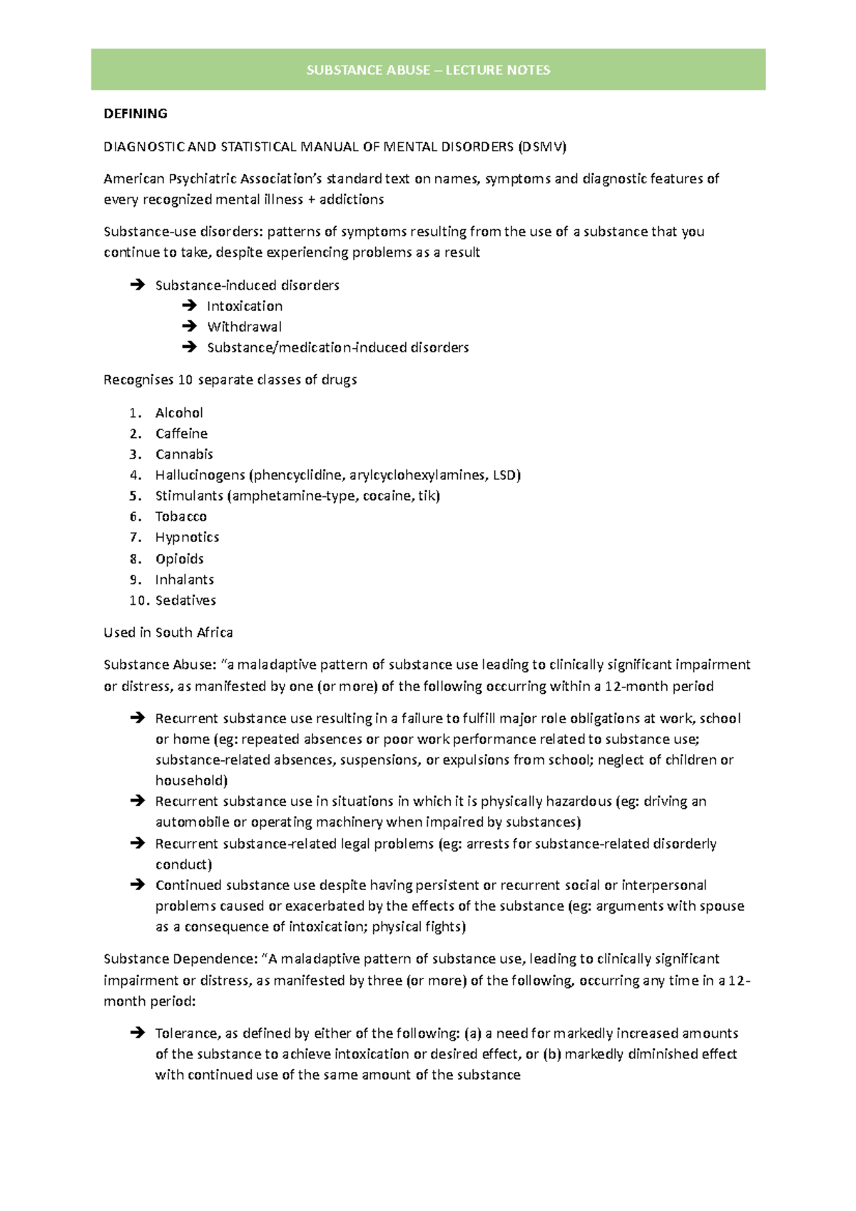 Substance Abuse – Lecture Notes - DEFINING DIAGNOSTIC AND STATISTICAL ...