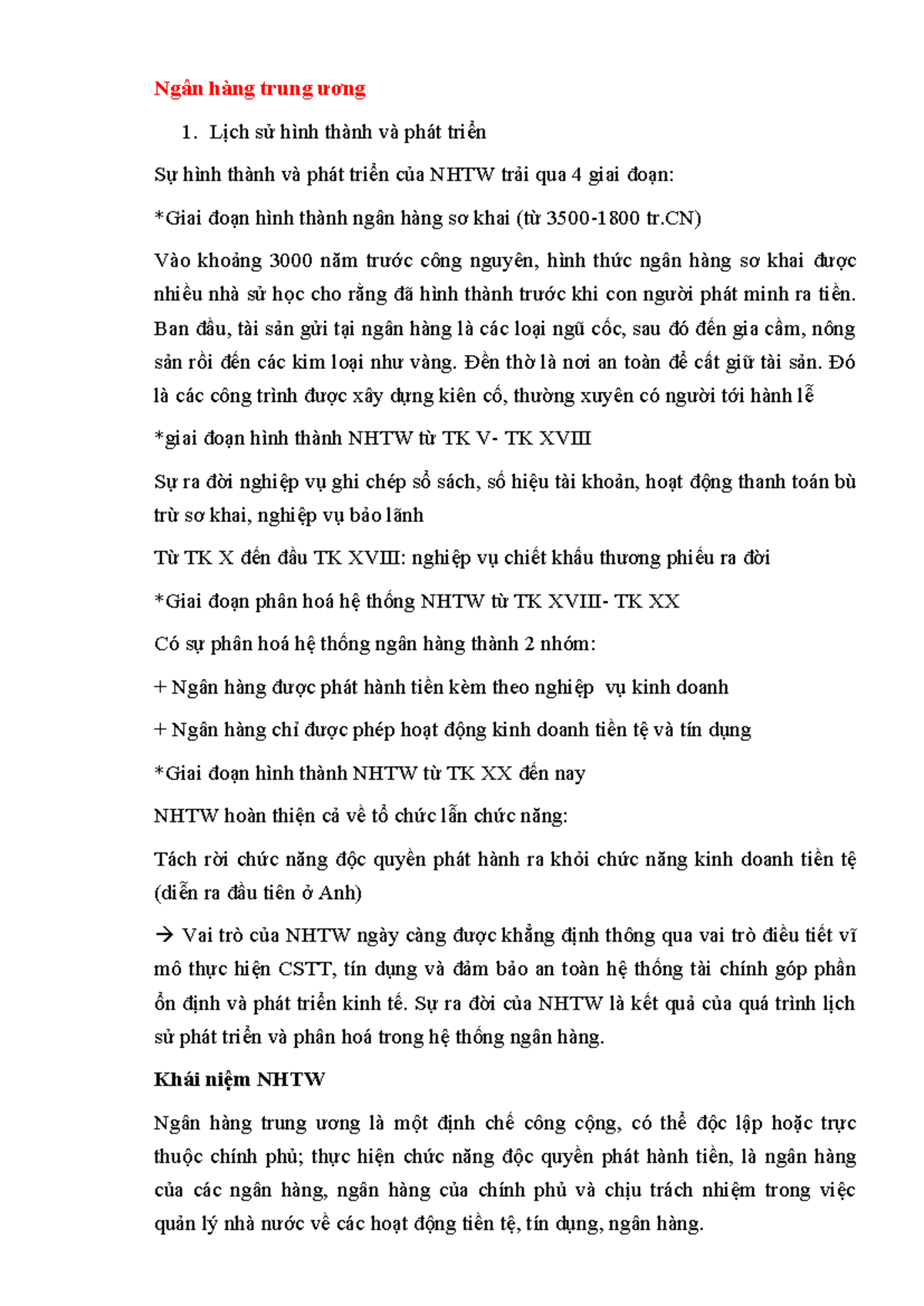 ND3-NHTW-CSTT - sáasfd - Ngân hàng trung ương 1. Lịch sử hình thành và phát triển Sự hình thành ...