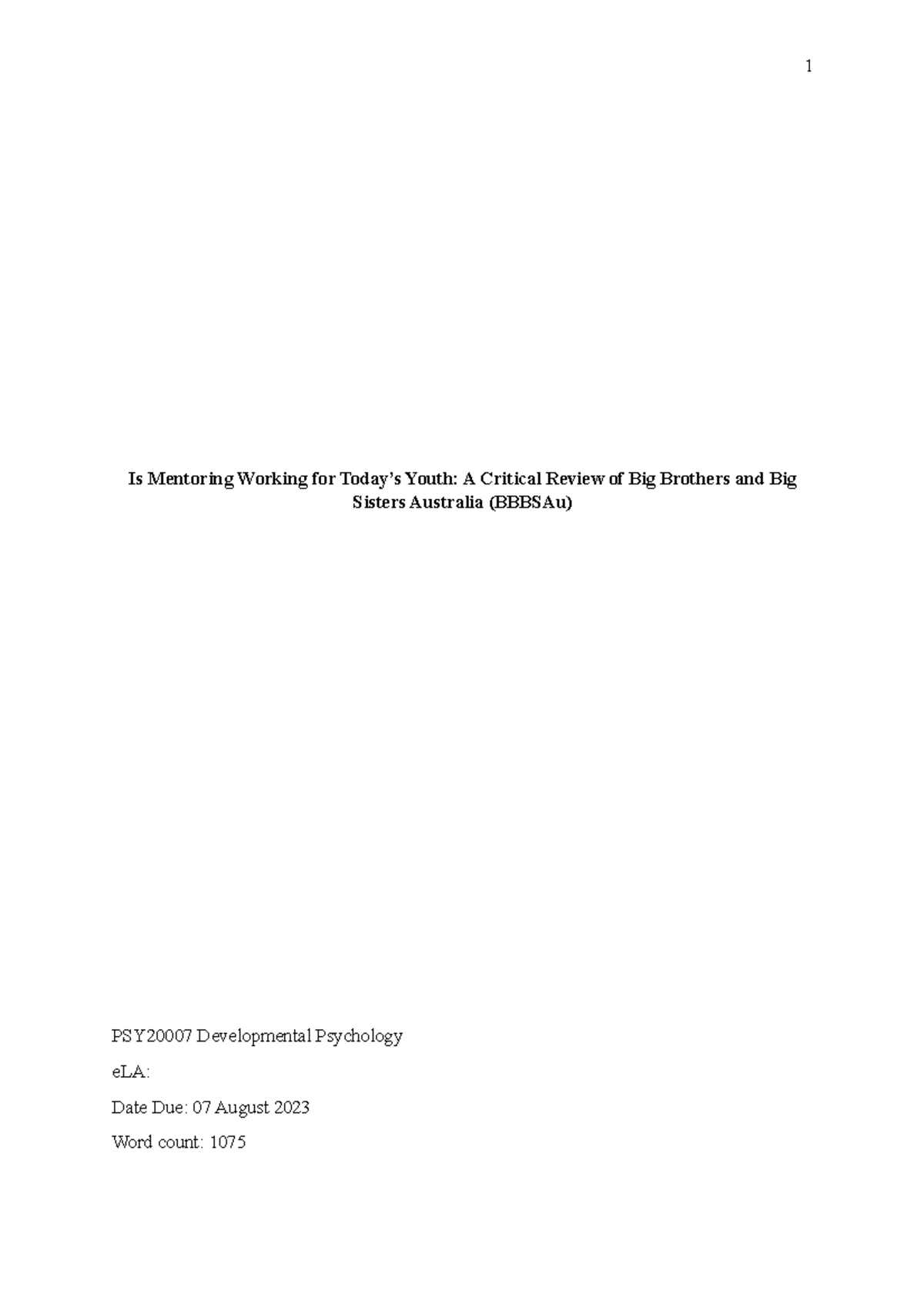 Assignment 1 - A Critical Review of Big Brothers and Big Sisters ...