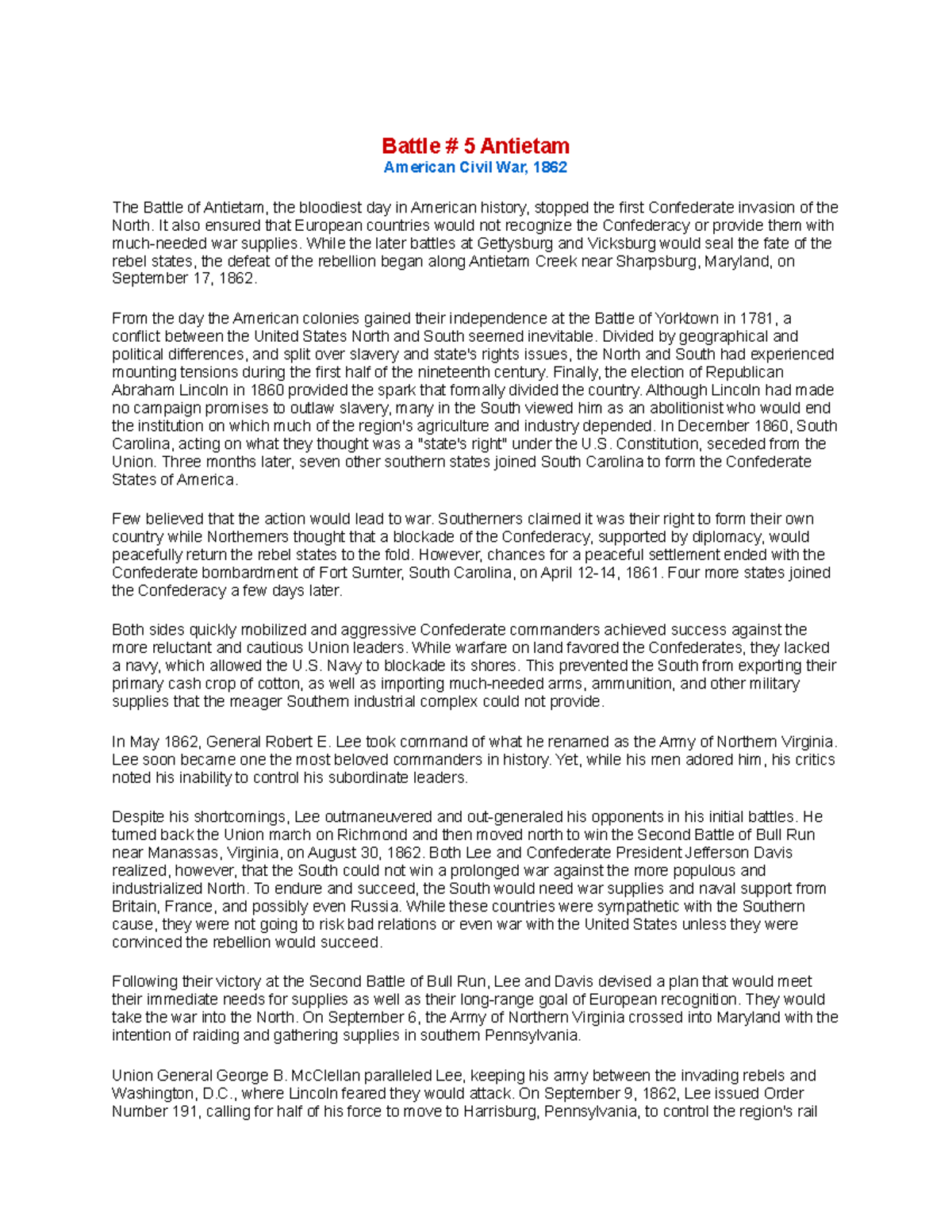 Battle # 5 Antietam - Battle # 5 Antietam American Civil War, 1862 The ...