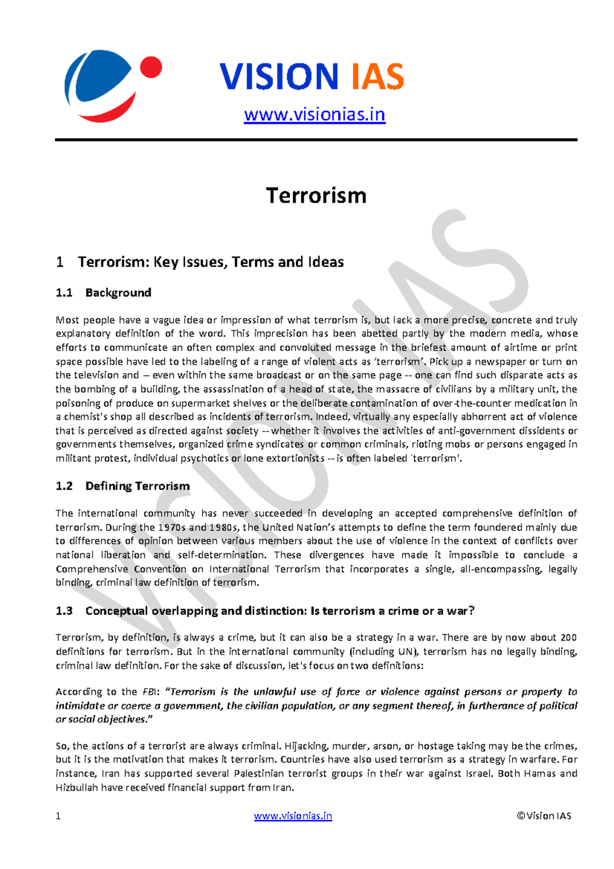 Terrorism - Lecture notes 1 - VISION IAS visionias Terrorism 1 ...