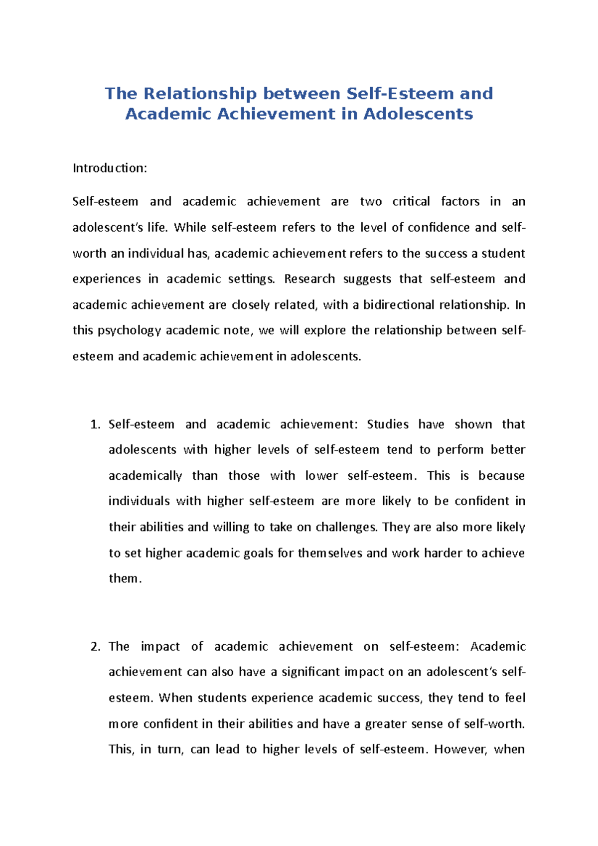 The Relationship between Self-Esteem and Academic Achievement in ...