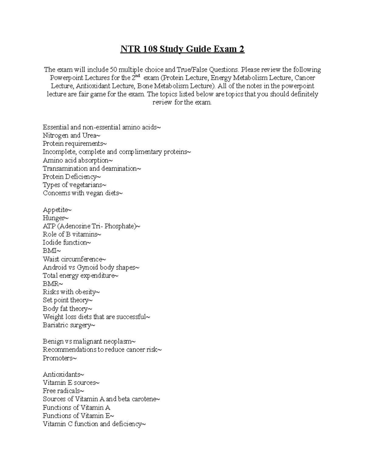 NTR 108 Study Guide Exam 2 - NTR 108 Study Guide Exam 2 The exam will ...