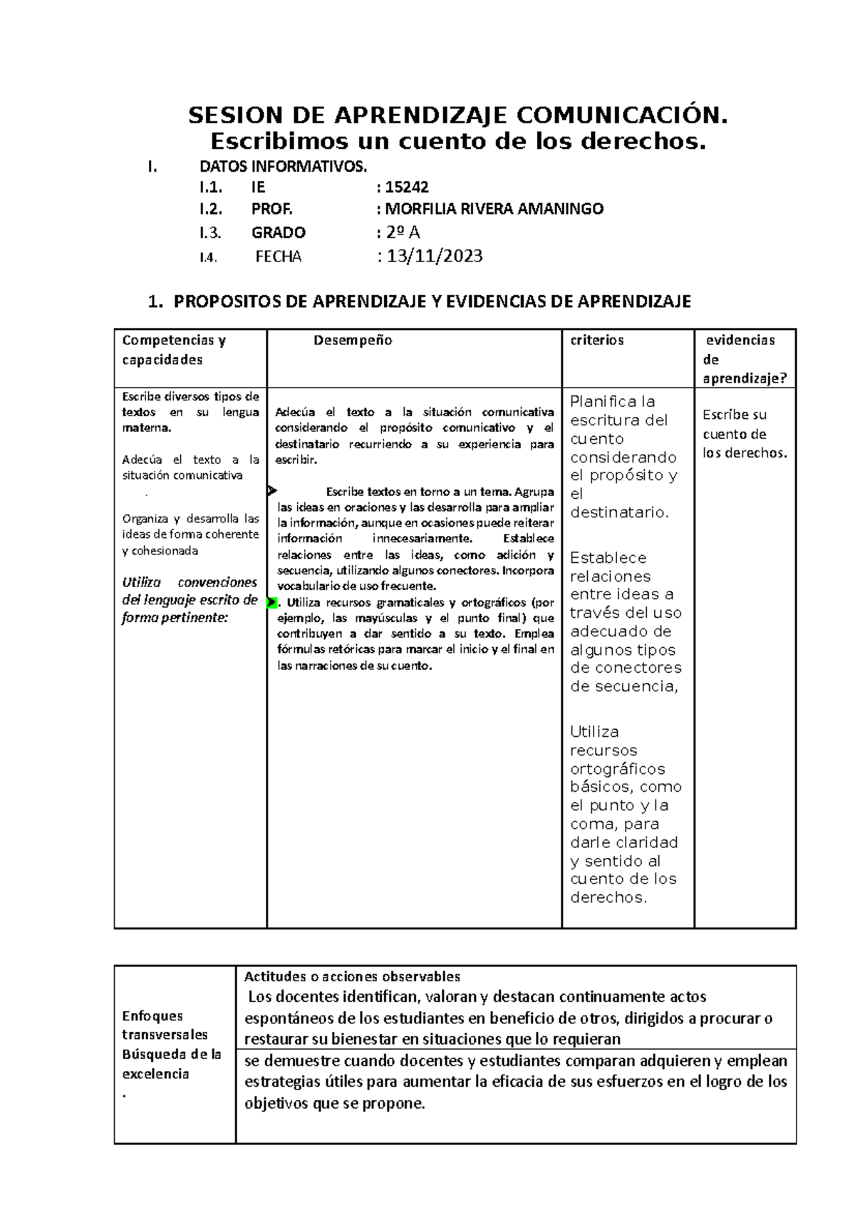 2° Sesion COM 13 DE Noviembre Escribimos UN Cuento - SESION DE APRENDIZAJE COMUNICACIÓN ...