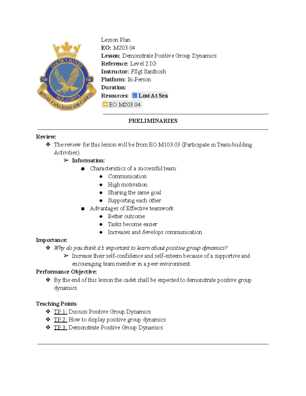 EO M203.04 - Demonstrate Positive Group Dynamics - Lesson Plan EO: M203 ...