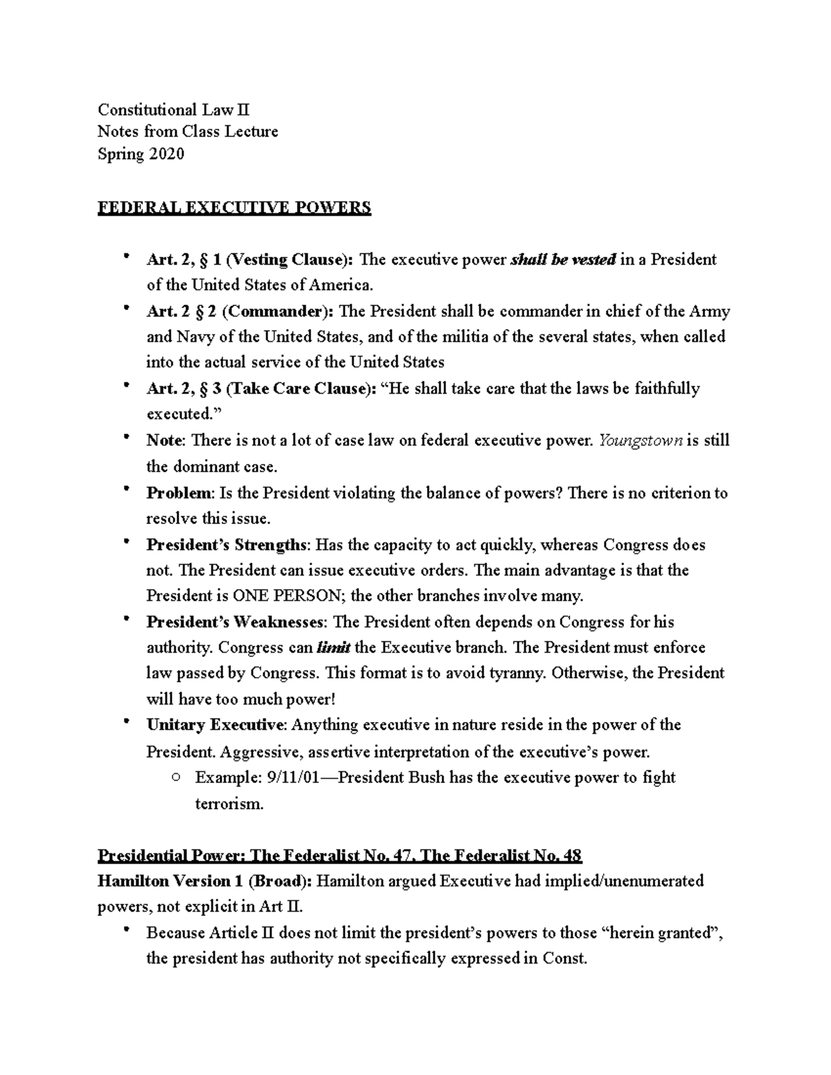 Federal Executive Powers - Constitutional Law II Notes from Class ...