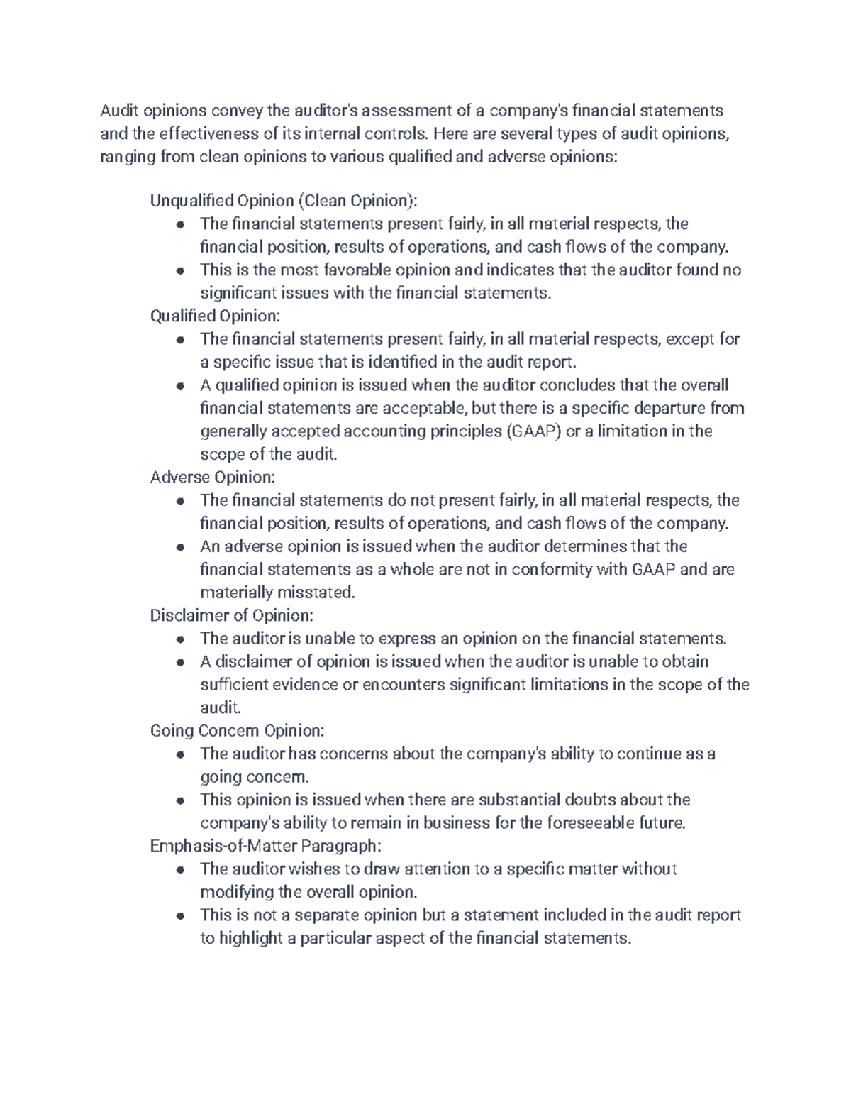 Audit Theory - 1 - Summary of basic concepts - Audit opinions convey the auditor's assessment of ...