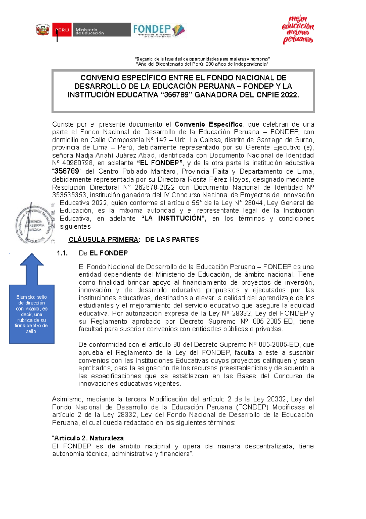 Convenio Ejemplo[ 8329] - Conste por el presente documento el Convenio Específico, que celebran ...