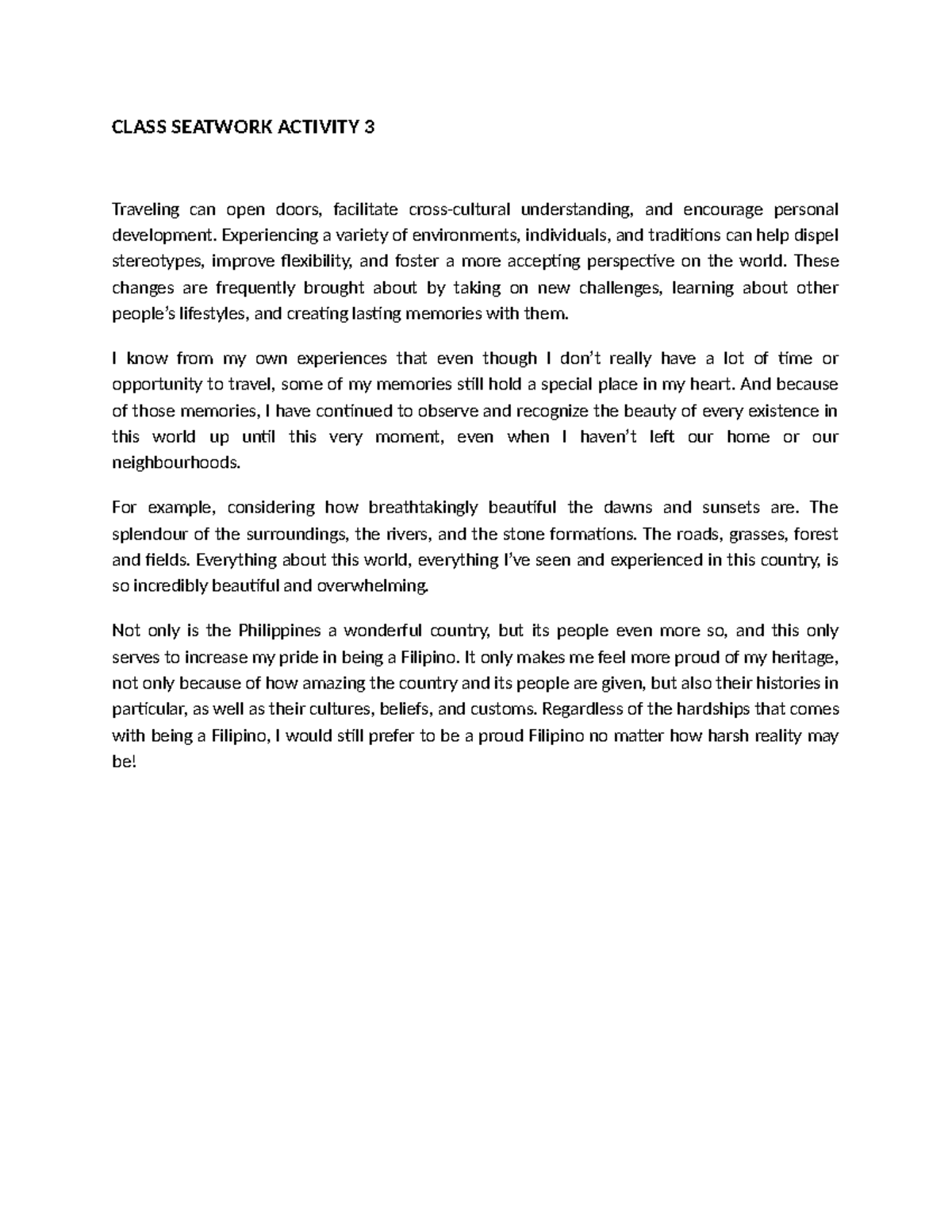 Class Seatwork Activity 3 - CLASS SEATWORK ACTIVITY 3 Traveling can ...