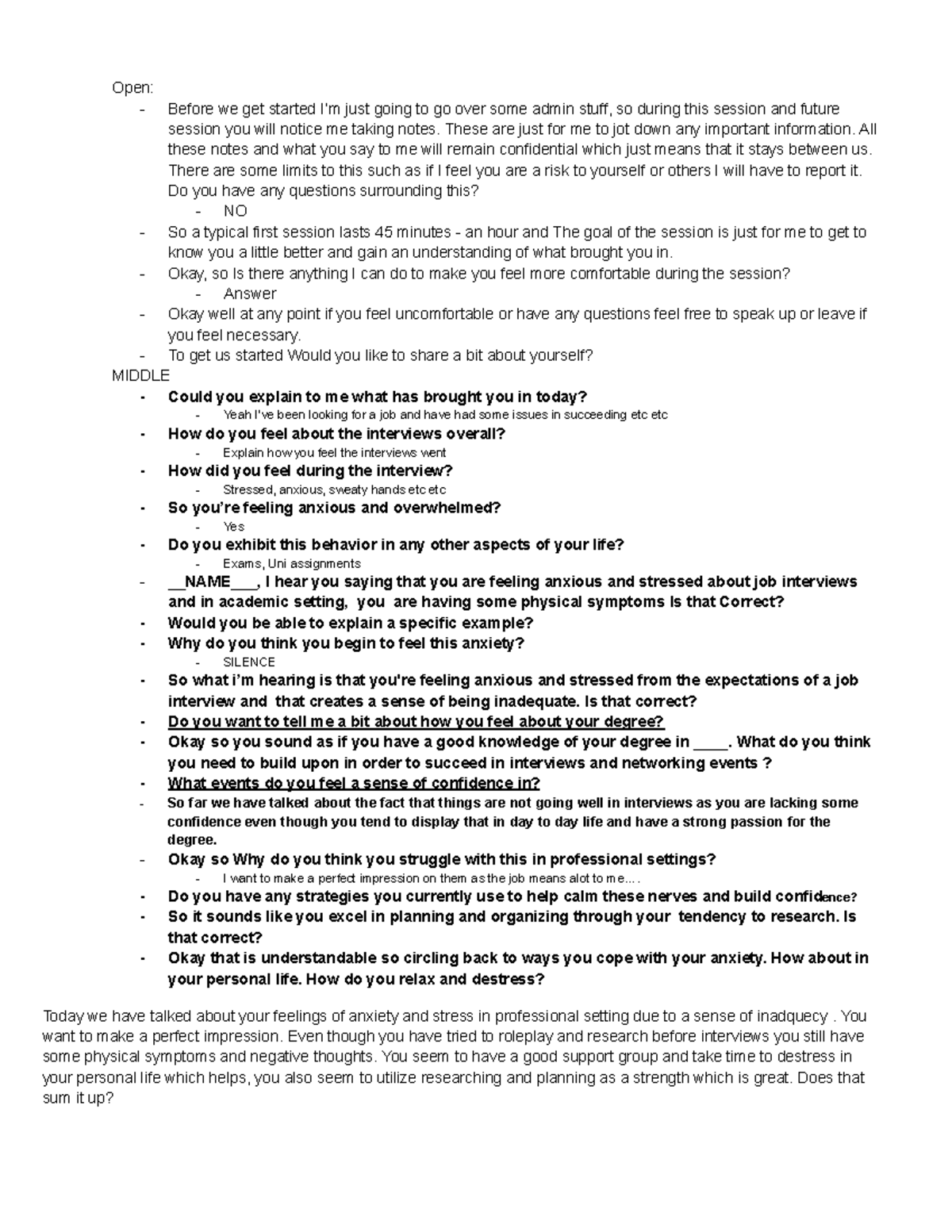 Roleplay example questions - Open: - Before we get started I’m just ...