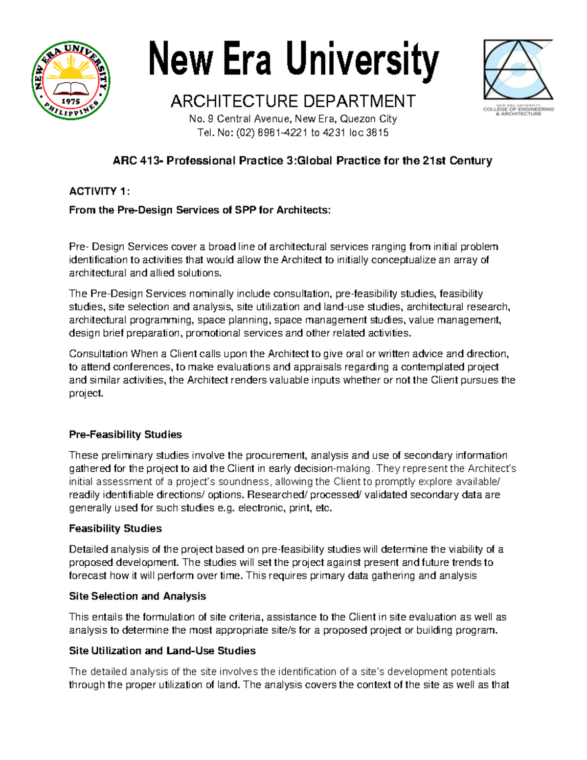 ARC-413 - Architecture - ARCHITECTURE DEPARTMENT No. 9 Central Avenue, New Era, Quezon City Tel ...