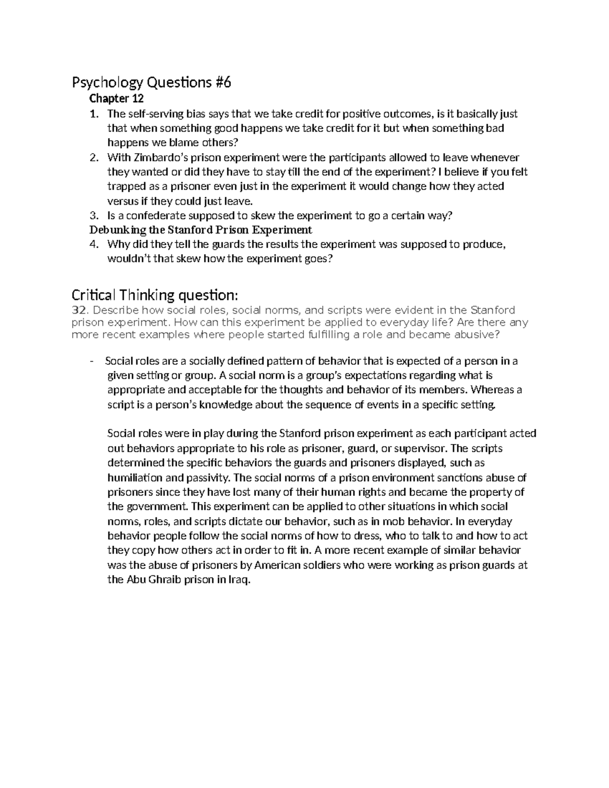 Psychology Questions #6 - Psychology Questions Chapter 12 1. The self ...