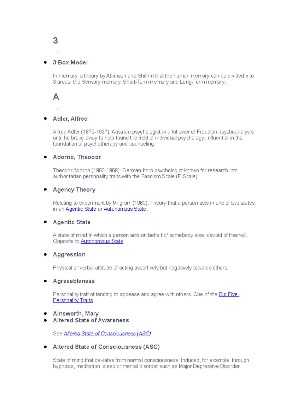 Psychology Glossary 1 - 3 3 Box Model In memory, a theory by Atkinson ...