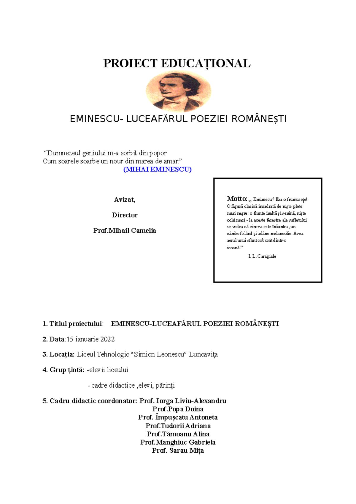 Eminescu proiect educational didactic - PROIECT EDUCAȚIONAL EMINESCU ...