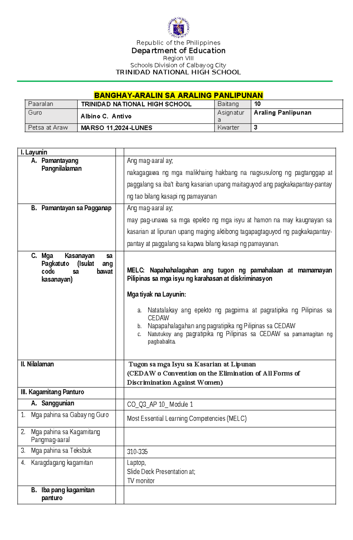 AP Lesson PLAN Epekto - Republic of the Philippines Department of ...