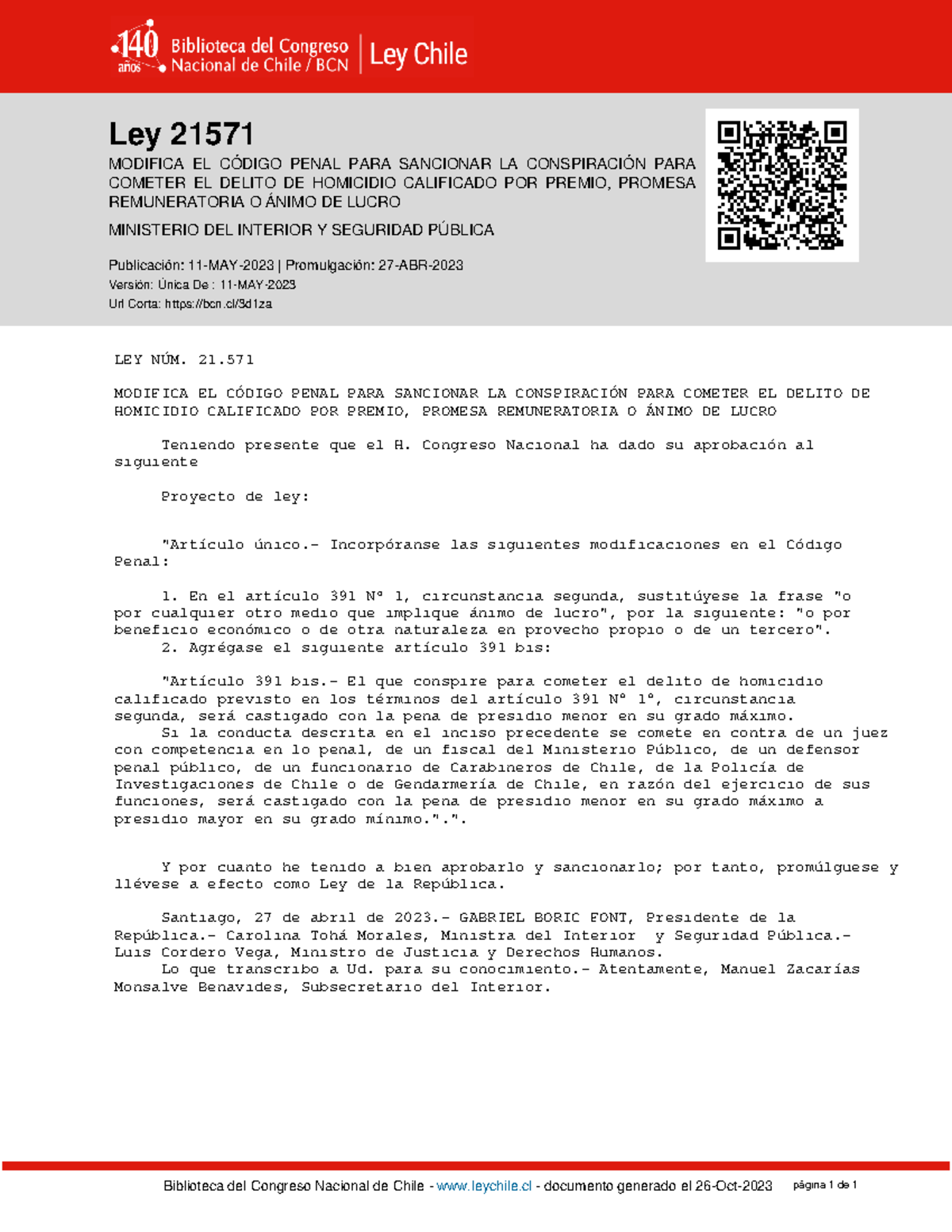 Ley-21571 11-MAY-2023 - Ley 21571 Biblioteca del Congreso Nacional de Chile - leychile ...