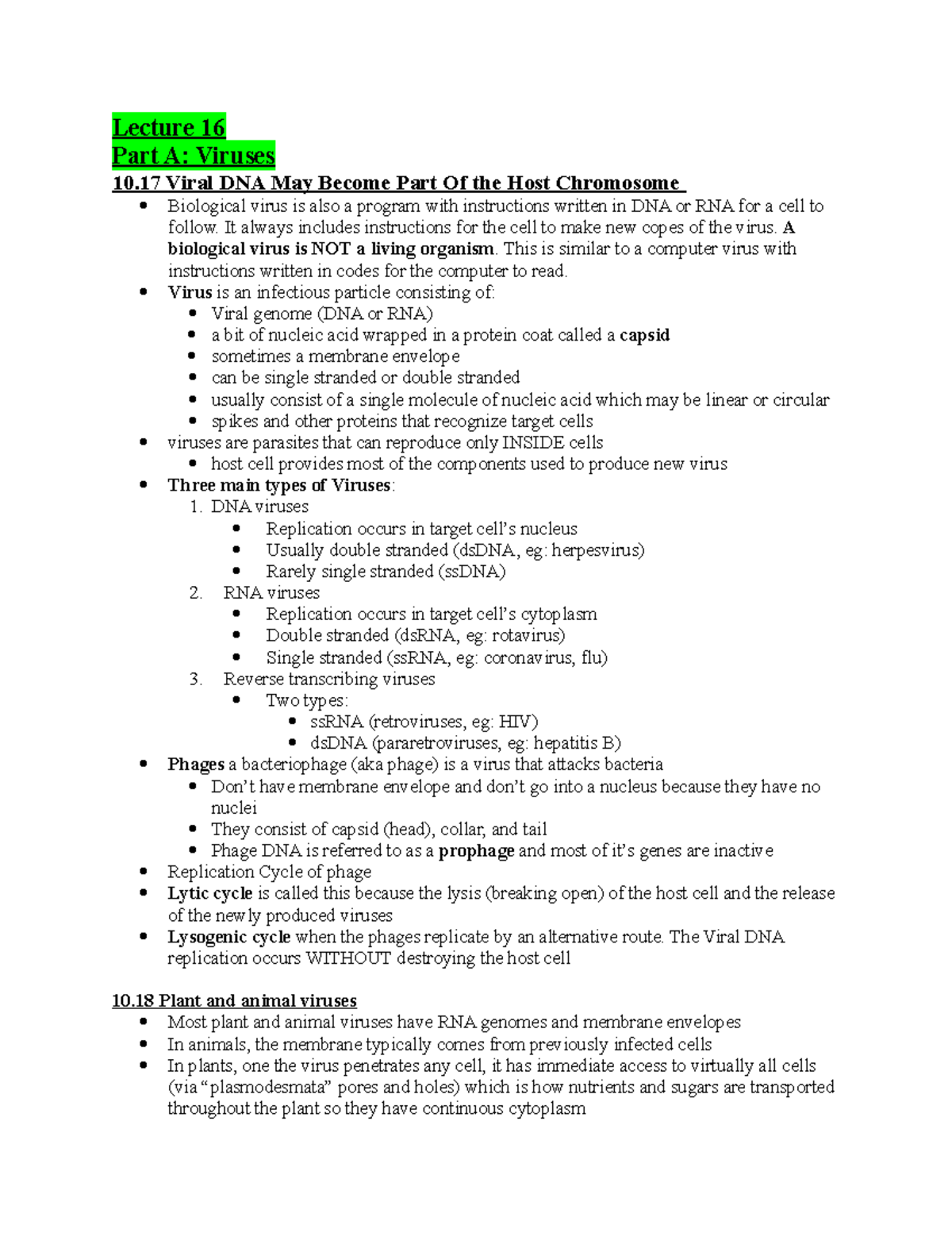 Biology 1010 Final - Lecture 16 Part A: Viruses 10 Viral DNA May Become ...