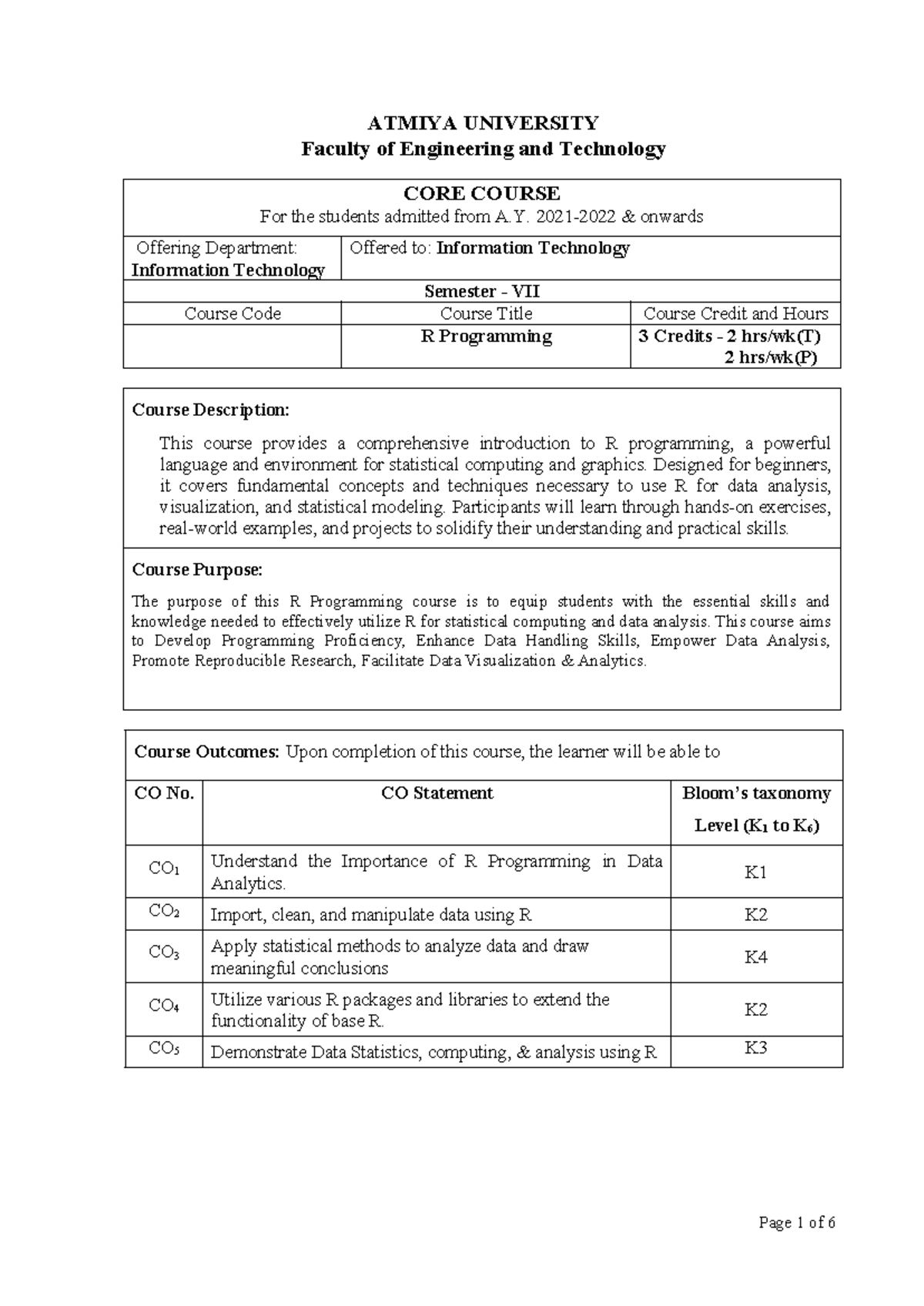R Programming - Test - ATMIYA UNIVERSITY Faculty of Engineering and ...