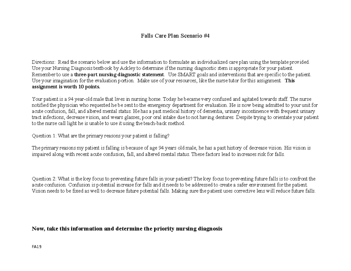 Falls+Care+Plan+Scenerio+4+0000 - HSC-189 - Kirkwood - Studocu