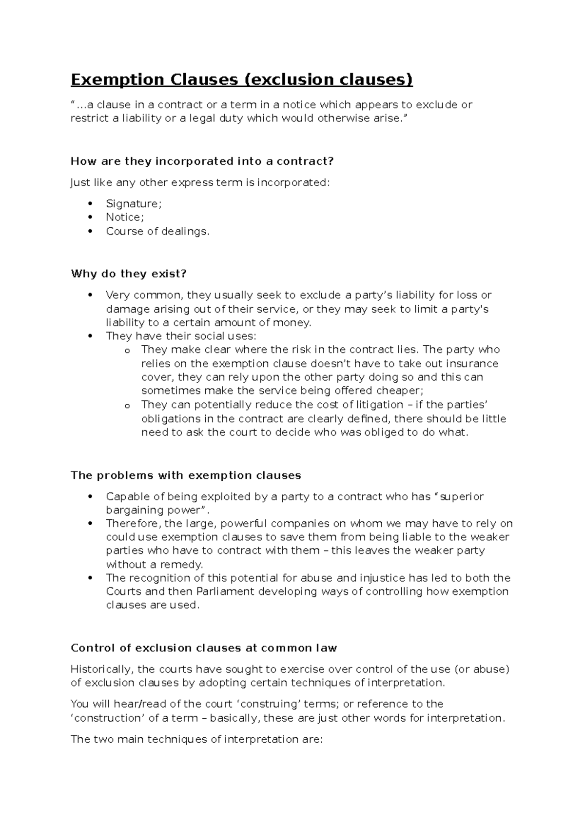 Lecture 11 & 12 Exclusion Clauses - Exemption Clauses (exclusion clauses) “.. clause in a ...