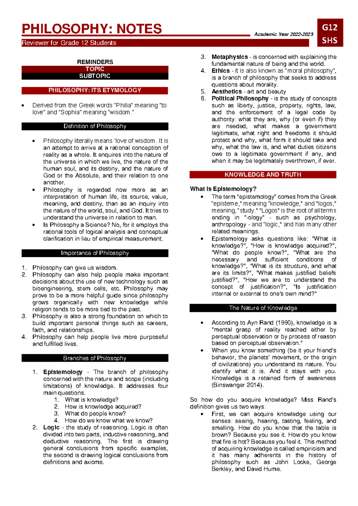 Philosophy Notes - PHILOSOPHY: NOTES. Reviewer for Grade 12 Students ...