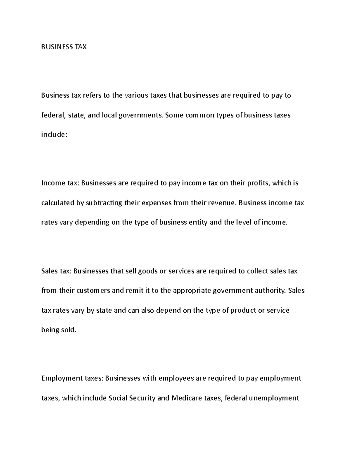 Business TA1 - BUSINESS TAX Business tax refers to the various taxes ...